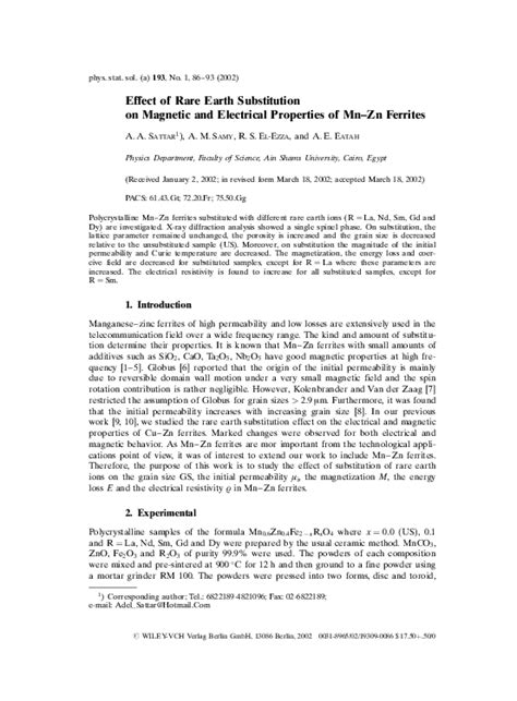 Pdf Effect Of Rare Earth Substitution On Magnetic And Electrical
