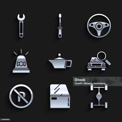 모터 기계 오일 자동차 도어 섀시 자동차 검색 주차 정지 금지 점멸 사이렌 스티어링 휠 및 렌치 아이콘에 대한 캐니스터를 설정합니다 벡터 개념에 대한 스톡 벡터 아트 및