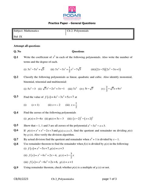 Qp Cb Ix Math Ch 2 Polynomials General Qs Pdf Factorization Polynomial