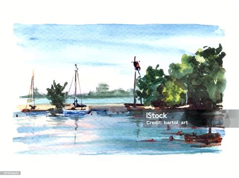 바다 풍경은 손으로 그린 수채화 해양 그림입니다 보트 부표 부두 요트 푸른 하늘과 바다가 하얀 배경에 있다 수채화에 대한 스톡 벡터 아트 및 기타 이미지 Istock