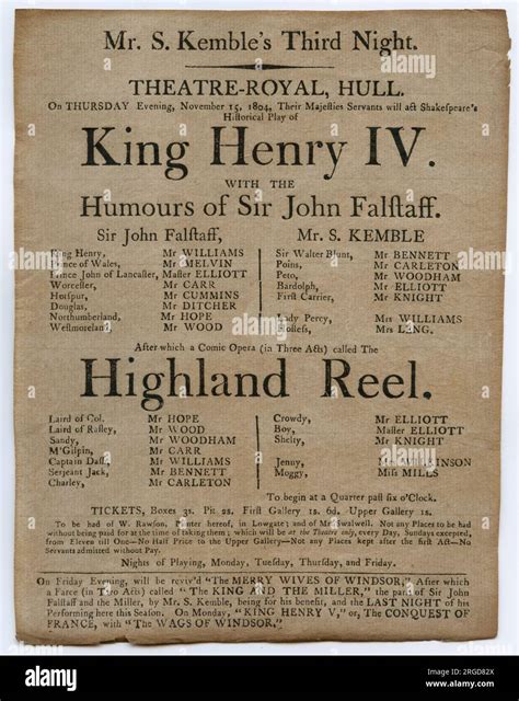 Stephen Kemble As Falstaff In Shakespeares King Henry Iv Playbill