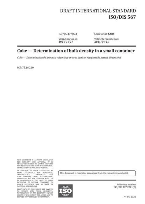 ISO DIS Coke Determination Of Bulk Density In A Small Container