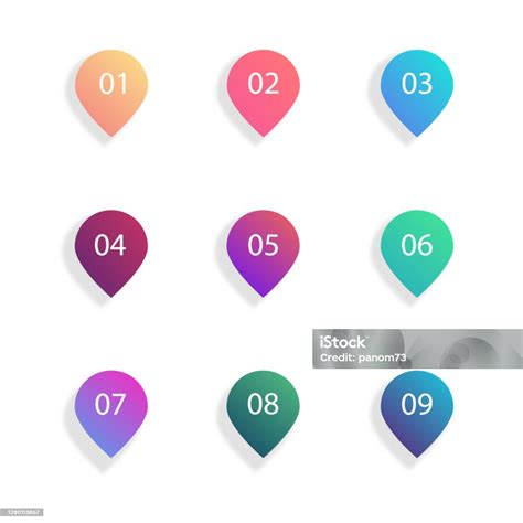 흰색 배경에 글머리 기호 집합을 정확하게 설정합니다 디자인에 대한 1에서 9까지의 숫자로 다채로운 그라데이션 마커 벡터 일러스트레이션 0명에 대한 스톡 벡터 아트 및 기타