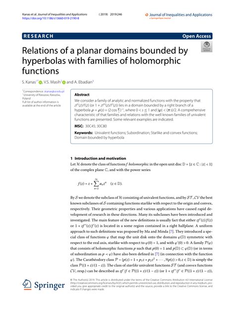 Pdf Relations Of A Planar Domains Bounded By Hyperbolas With Families Of Holomorphic Functions