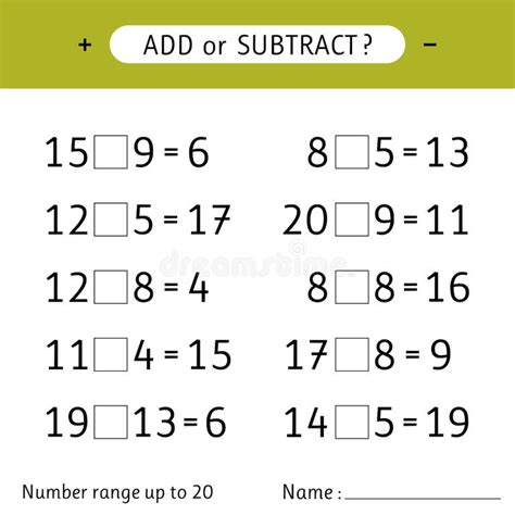 Add Or Subtract Number Range Up To 20 Mathematical Exercises Addition And Subtraction Stock