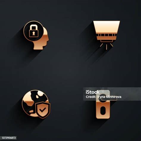 잠금 장치 화재 스프링클러 시스템 세계 세계 와 지문 도어 잠금 아이콘방패긴 그림자를 설정합니다 벡터 개념에 대한 스톡 벡터 아트 및 기타 이미지 Istock