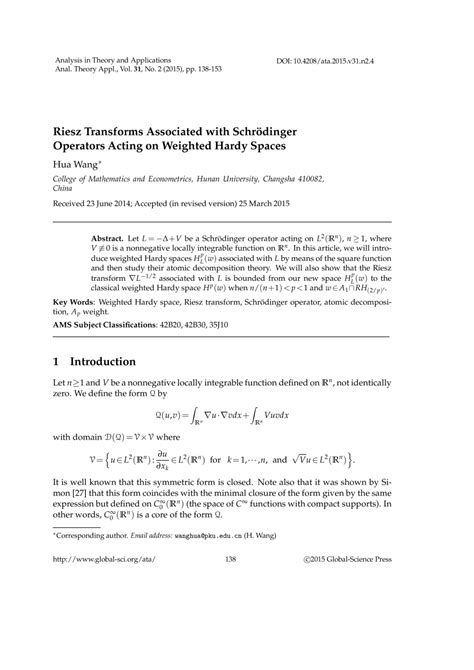 Global Science Press Riesz Transforms Associated With Schrödinger