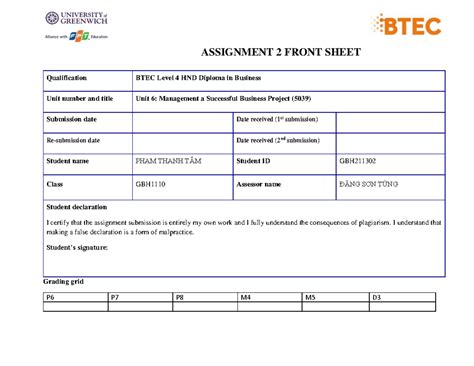 5039 Assignment 2 Frontsheet Final Assignment 2 Front Sheet Qualification Btec Level 4 Hnd