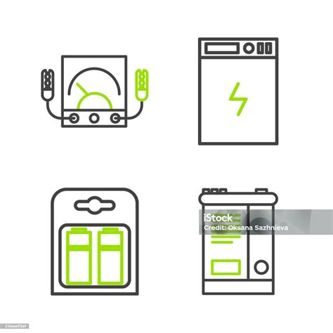 세트 라인 자동차 배터리 팩의 배터리 보조 배터리 및 암페어 미터 멀티 미터 전압계 아이콘 벡터 Usb 케이블에 대한 스톡 벡터 아트 및 기타 이미지 Istock