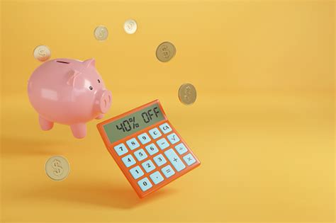 돼지 저금통 옆에있는 화면에서 텍스트가 40 할인 된 계산기와 복사 공간이있는 동전 3d 그림 0명에 대한 스톡 사진 및 기타 이미지 Istock