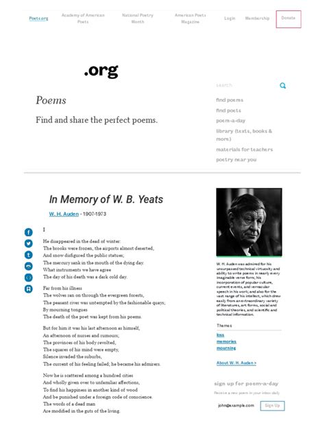 In Memory Of W B Yeats Text By W H Auden Poems Pdf Poetry