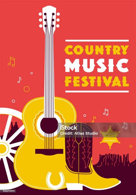 컨트리 뮤직 페스티벌 포스터 어쿠스틱 기타 카우보이 모자 부츠 바퀴 및 음악적 상징이 있는 작곡 황량한 서쪽 풍경 음악 행사에 대한 삽화입니다 빨간색 배경입니다 컨트리 앤드