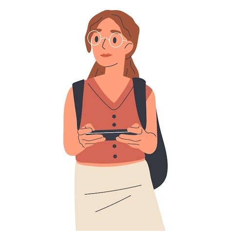 흰색 배경에 스마트폰 플랫 벡터 그림을 들고 있는 여성 대학 또는 학교 학생 프리미엄 벡터