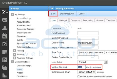 how to edit user quota mail box size limit in smartermail accuwebhosting