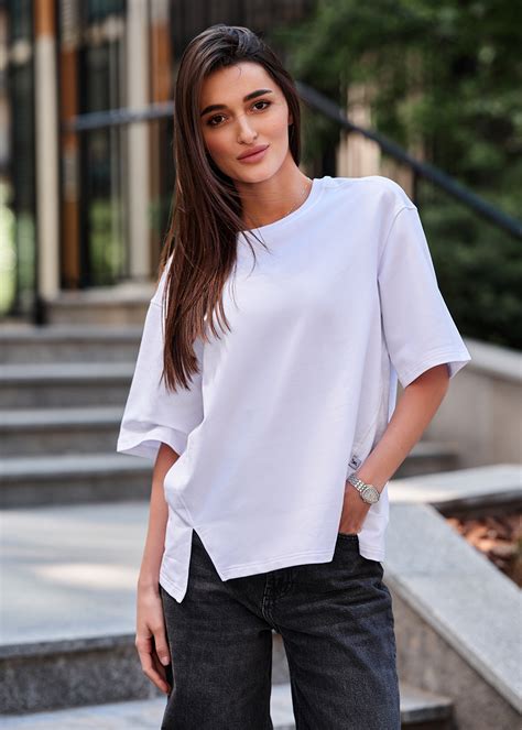 Футболка жіноча Staff Ra White Oversize біла однотонна з розрізами брендова оверсайз з рукавами