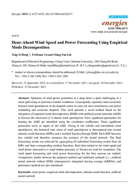 Pdf Hour Ahead Wind Speed And Power Forecasting Using Empirical Mode Decomposition Jair José