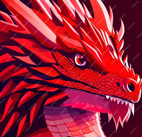 El Retrato Del Guardián Carmesí De Un Majestuoso Dragón Rojo Vector