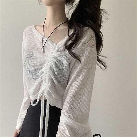 투게더위드미 셔링 포인트 스트링 길이 조절 가능한 린넨 여름 긴팔 크롭 티셔츠 아이보리 블랙 그레이 햇빛차단 살안타템 페스티벌룩 워터밤 흠뻑쇼