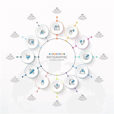 12단계 프로세스 또는 옵션 프로세스 차트가 있는 기본 원형 인포그래픽 템플릿 프로세스 다이어그램 프레젠테이션 워크플로 레이아웃 순서도 인포그래프에 사용됩니다