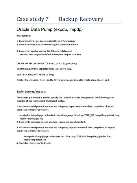 Case Study 7 Backup Recovery Oracle Data Pump Expdp Impdp Pdf