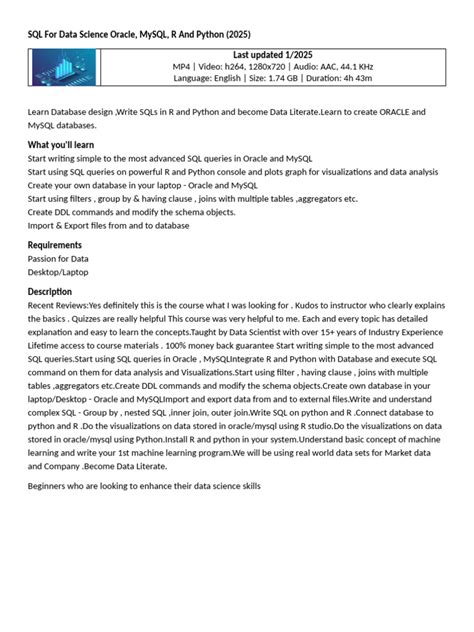 Sql For Data Science Oracle Mysql R And Python 2025 Pdf