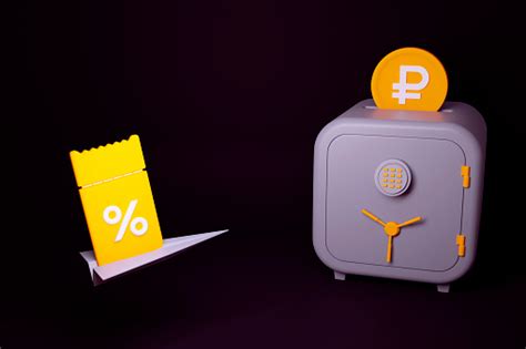 루블 동전으로 안전하고 보라색 배경에 쿠폰 할인을 계획하십시오 은행 개념에 대한 루블 예금 노란색 라일락 색상 보라색 배경에 고립 된 3d 렌더링 그림 3차원 형태에 대한