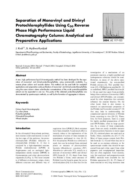 Pdf Separation Of Monovinyl And Divinyl Protochlorophyllides Using C30 Reverse Phase High