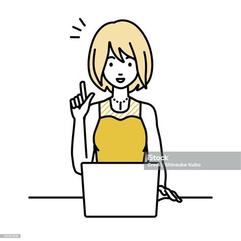 랩톱 컴퓨터를 사용하여 옷을 입은 한 여성이 책상에서 손짓을 가리키며 아이디어를 얻습니다 가리키기에 대한 스톡 벡터 아트 및 기타 이미지 가리키기 경영자 계획