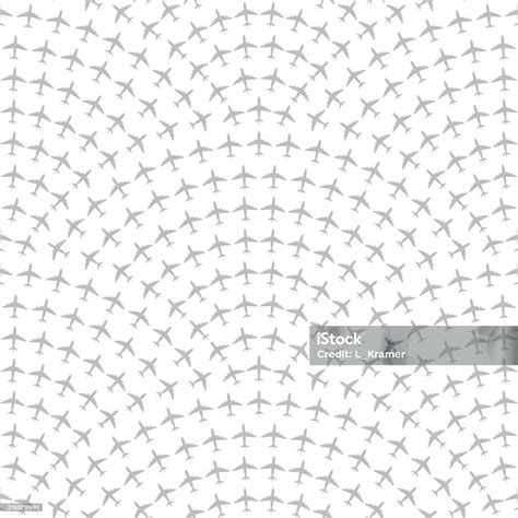 Vector Fan Shaped Seamless Pattern From Small Grey Airplanes Silhouette On A White Background
