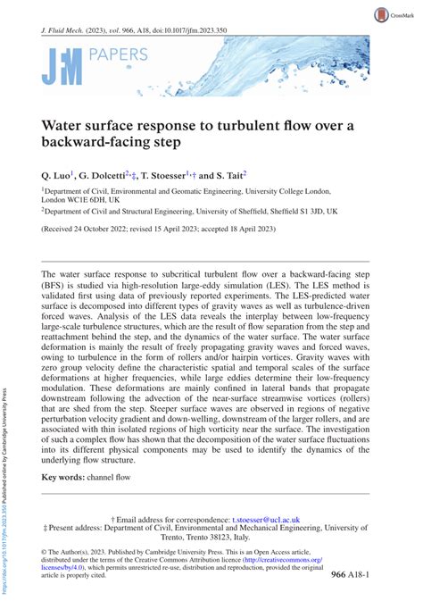 PDF Water Surface Response To Turbulent Flow Over A Backward Facing Step