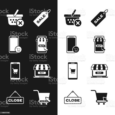 모바일 및 장바구니 설정 장바구니 제거 판매 온라인 쇼핑 커서 및 행잉 사인 닫기 아이콘이 있는 가격표 벡터 검은색에 대한 스톡 벡터 아트 및 기타 이미지 Istock