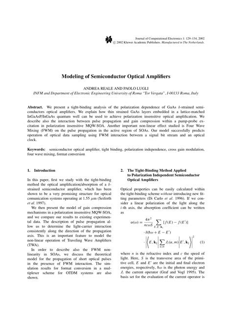 Pdf Modeling Of Semiconductor Optical Amplifiers