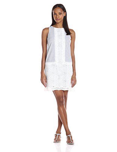 Huskary Womens Sleeveless Seersucker Shift Dress With Lace Trim