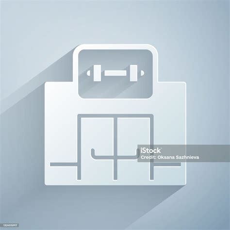 회색 배경에 격리 된 종이 컷 체육관 건물 아이콘 스포츠 클럽 종이 아트 스타일 벡터 3차원 형태에 대한 스톡 벡터 아트 및 기타 이미지 3차원 형태 거리 건강한