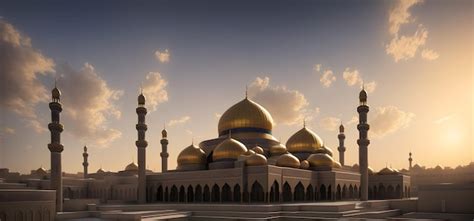 라마단 이드 무바라크 인사말 Ramzaan 일러스트레이션을 위한 이슬람 성원 모스크 배너 Generative Ai 프리미엄 사진