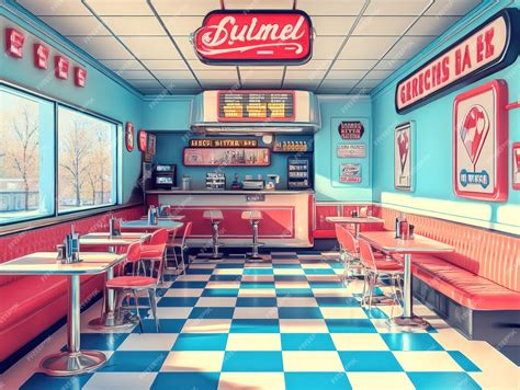 A Retro Diner Interior With Red And Blue Booths A Checkered Floor And A