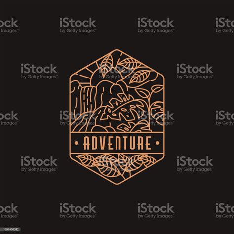 블랙 배경에 라인 아트 스타일엠블 포레스트와 폭포 어드벤처 일러스트 벡터 템플릿 로고에 대한 스톡 벡터 아트 및 기타 이미지