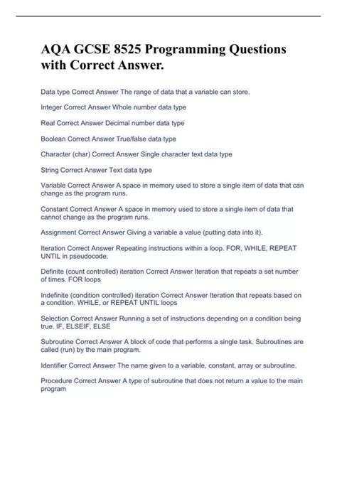 aqa gcse 8525 programming questions with correct answer aqa gcse 8525 programming stuvia us