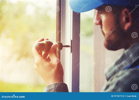 Service Man Installing Window Stock Photo Image Of Room Handyman