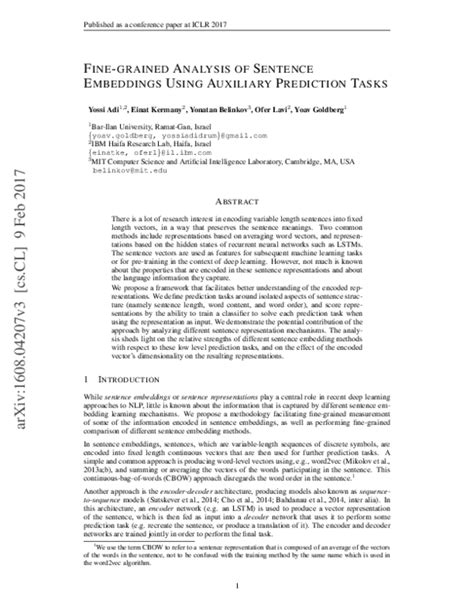 Pdf Fine Grained Analysis Of Sentence Embeddings Using Auxiliary Prediction Tasks