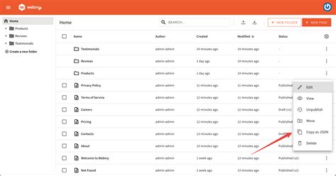 customize page list actions extensions page builder webiny docs