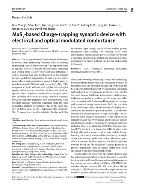 Pdf Mos2 Based Charge Trapping Synaptic Device With Electrical And Optical Modulated Conductance