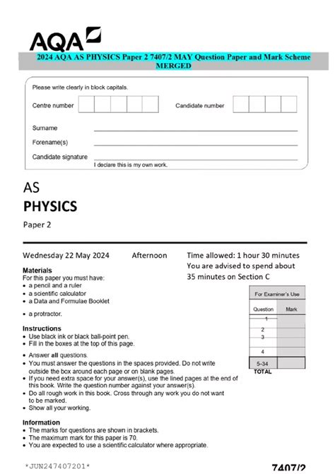 2024 Aqa As Physics Paper 2 7407 2 May Question Paper And Mark Scheme Merged Aqa A Level