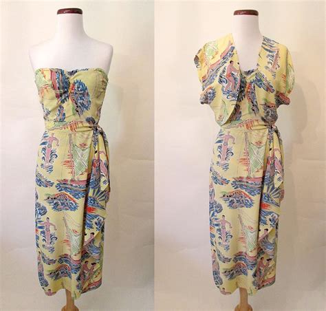 Rare 1940s Hawaiian Sarong Dress W Matching Bolero By Surfriders