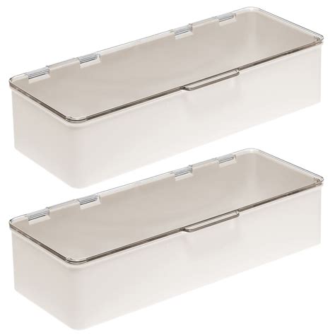 Hokku Designs Long Plastic Makeup Storage Boxes With Hinged Lids 2 Pack Cream Beige Clear