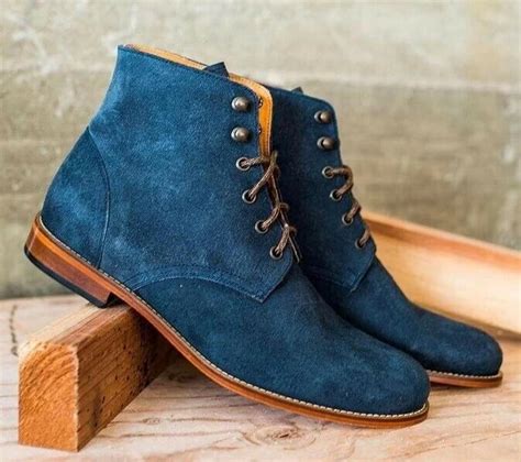 Mens Handmade Blue Suede Lace Up Ankle Boots Men Designer Fashion Dr