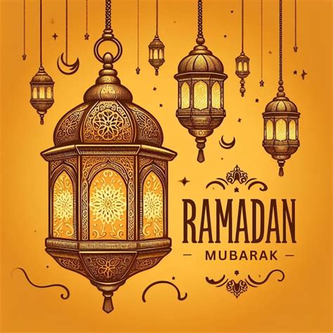 Illustration Ramdan Mubarak Greeting Background With Hanging Lanterns