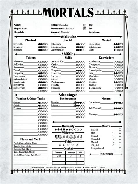 Mortal Character Sheet Template Pdf Behavioural Sciences Psychology