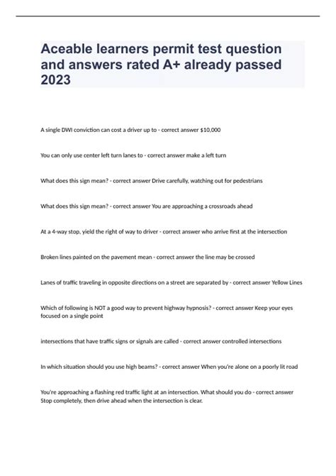 Aceable Learners Permit Test Question And Answers Rated A Already Passed 2023 Aceable Stuvia Us