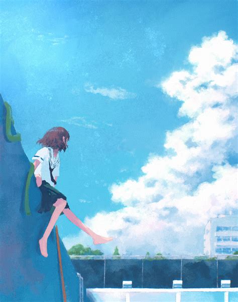 Safebooru 1girl Absurdres Blue Skirt Blue Sky Brown Hair Clouds